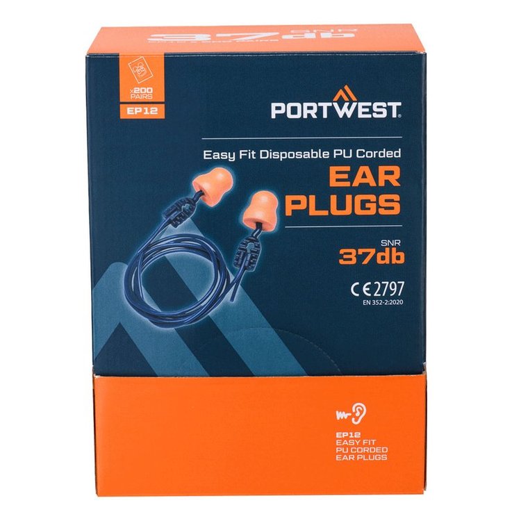 Portwest EP12 Easy Fit PU Ear Plugs Corded (200 Pairs)